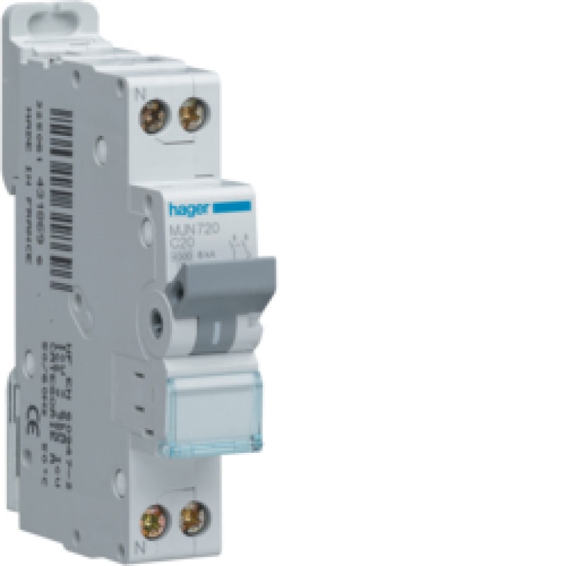 Hager MJN720 Disjoncteur 1P+N 4.5/6kA courbe C 20A 1 module - Elec-Boutique.fr